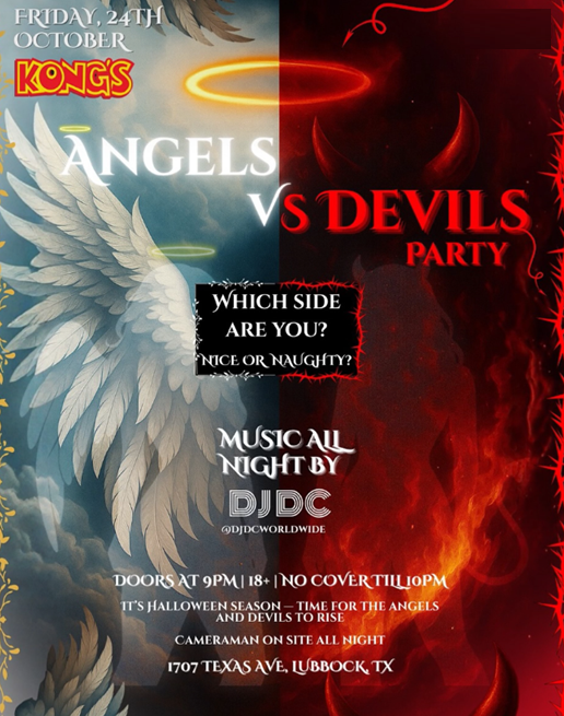 Angels vs Demons Party @ Kongs @ 9pm – Lubbock Cultural District